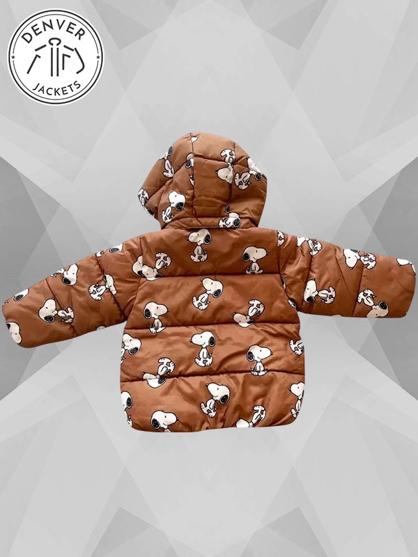 Snoopy Puffer Jacket | Brown Hooded Puffer Jacket – Denver Jackets